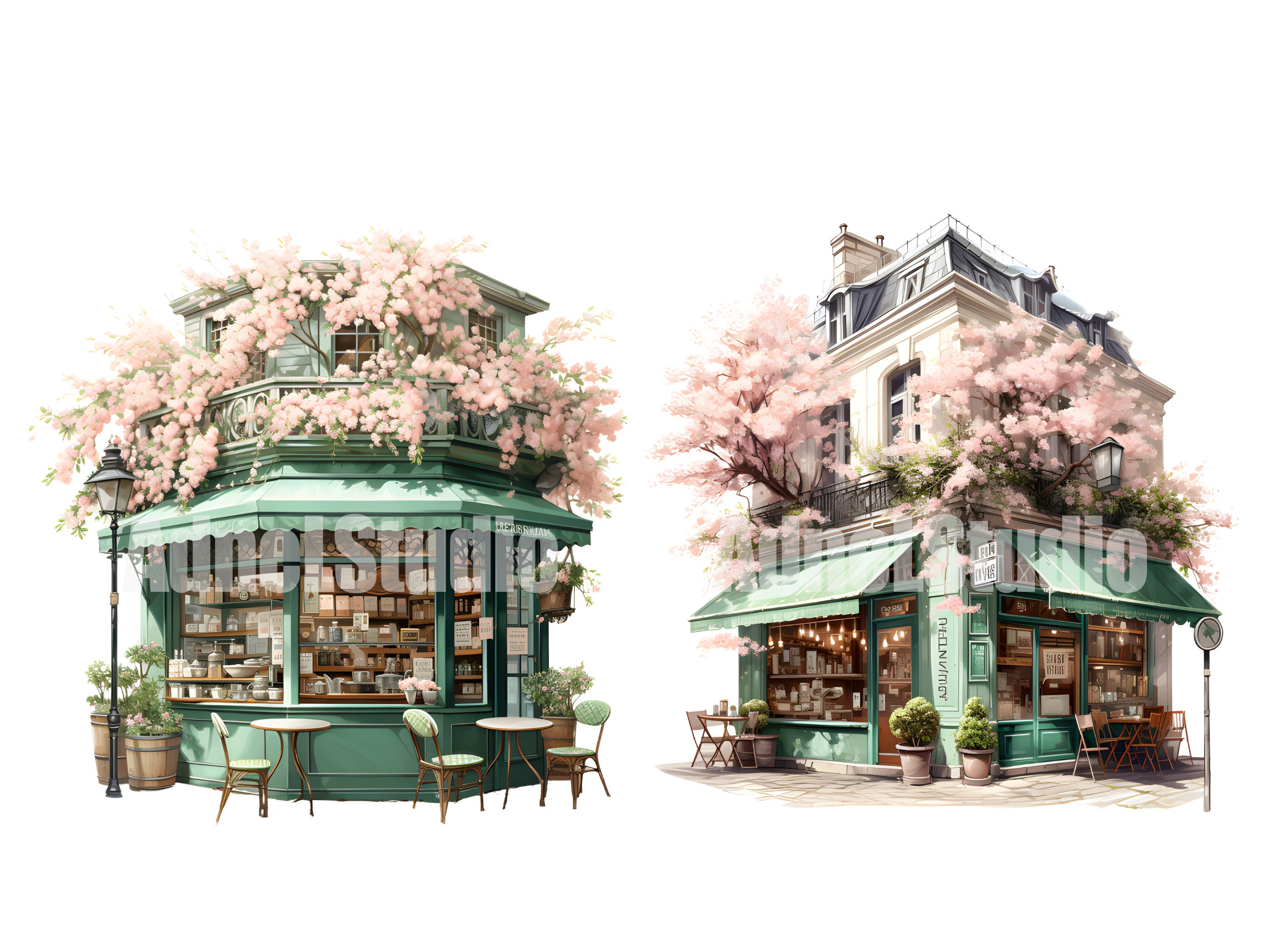 Watercolor Spring Coffee Shop Clipart -20 High Quality Cafe PNG Clipart ...