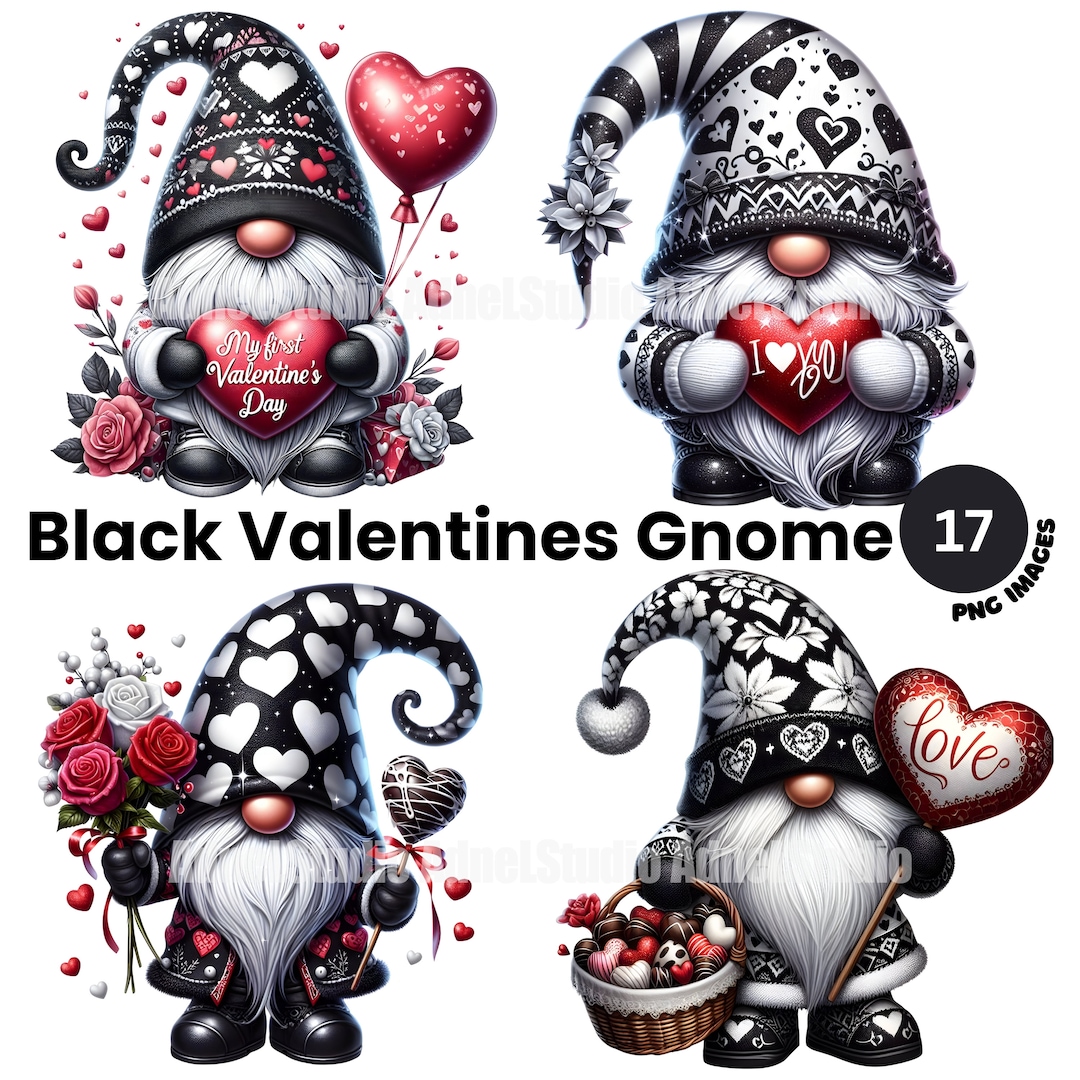 Black Valentine Gnome Clipart, Watercolor Valentines Day Clipart ...