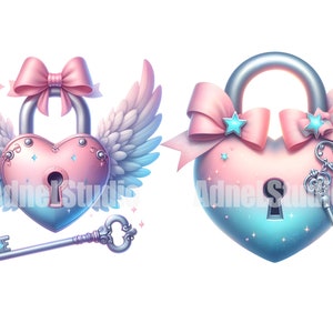 Watercolor Valentines Day Clipart, Heart Lock and Key Clipart, Romantic ...