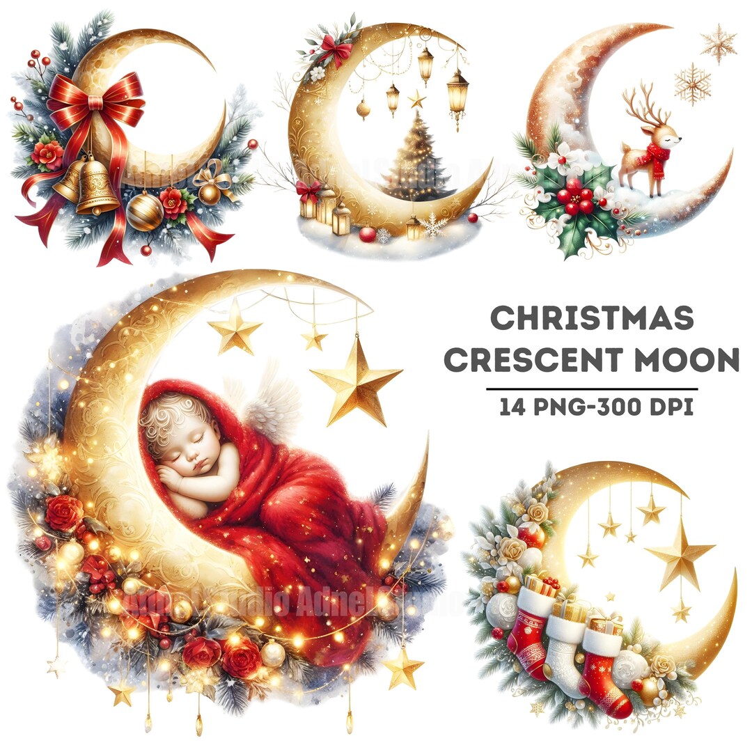 Festive Christmas Crescent Moon PNG Clipart, Cozy Holiday Moon With ...