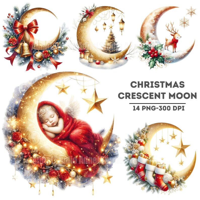 Festive Christmas Crescent Moon PNG Clipart, Cozy Holiday Moon With ...