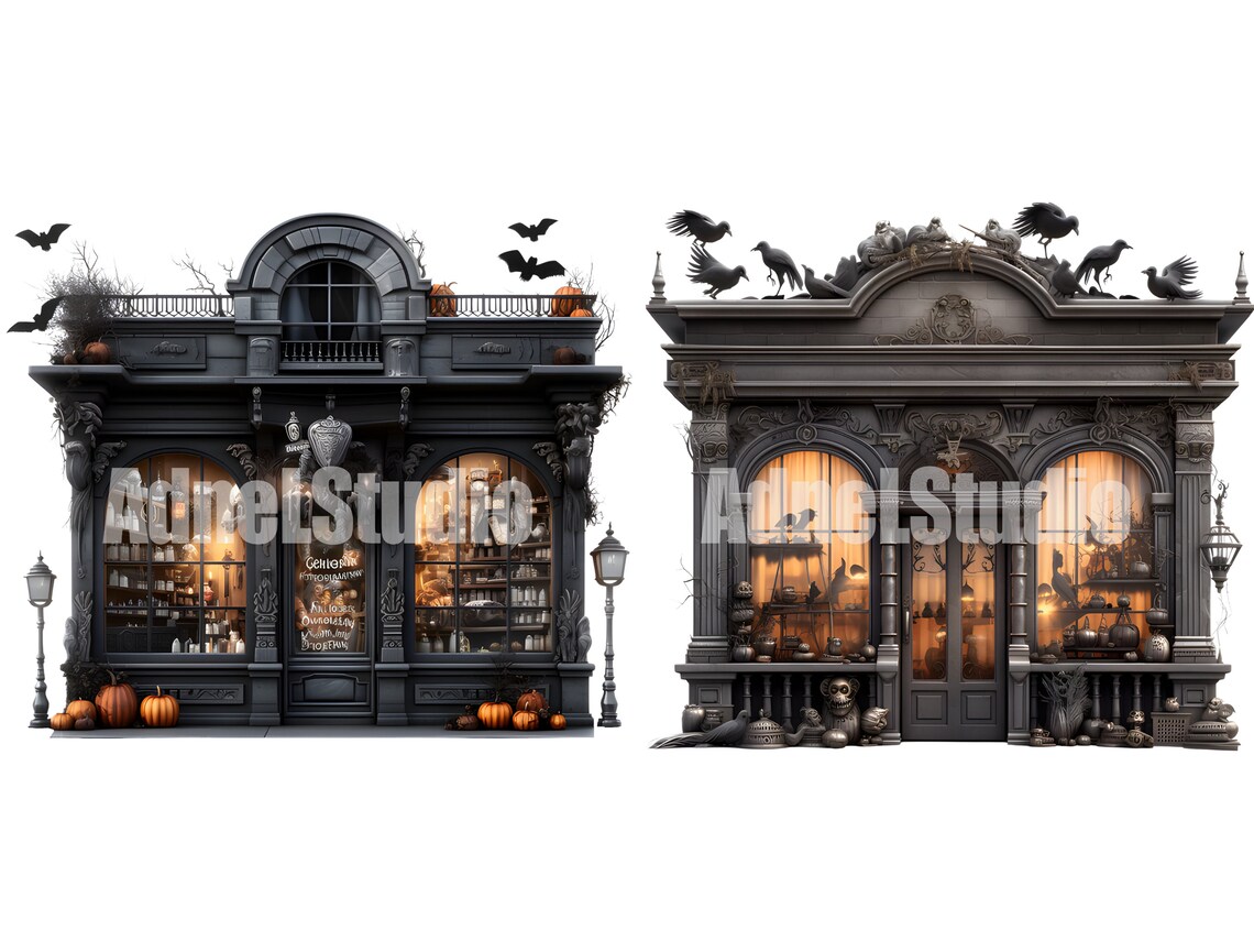 Halloween Storefront Clipart, Watercolor Halloween Shop Clipart ...