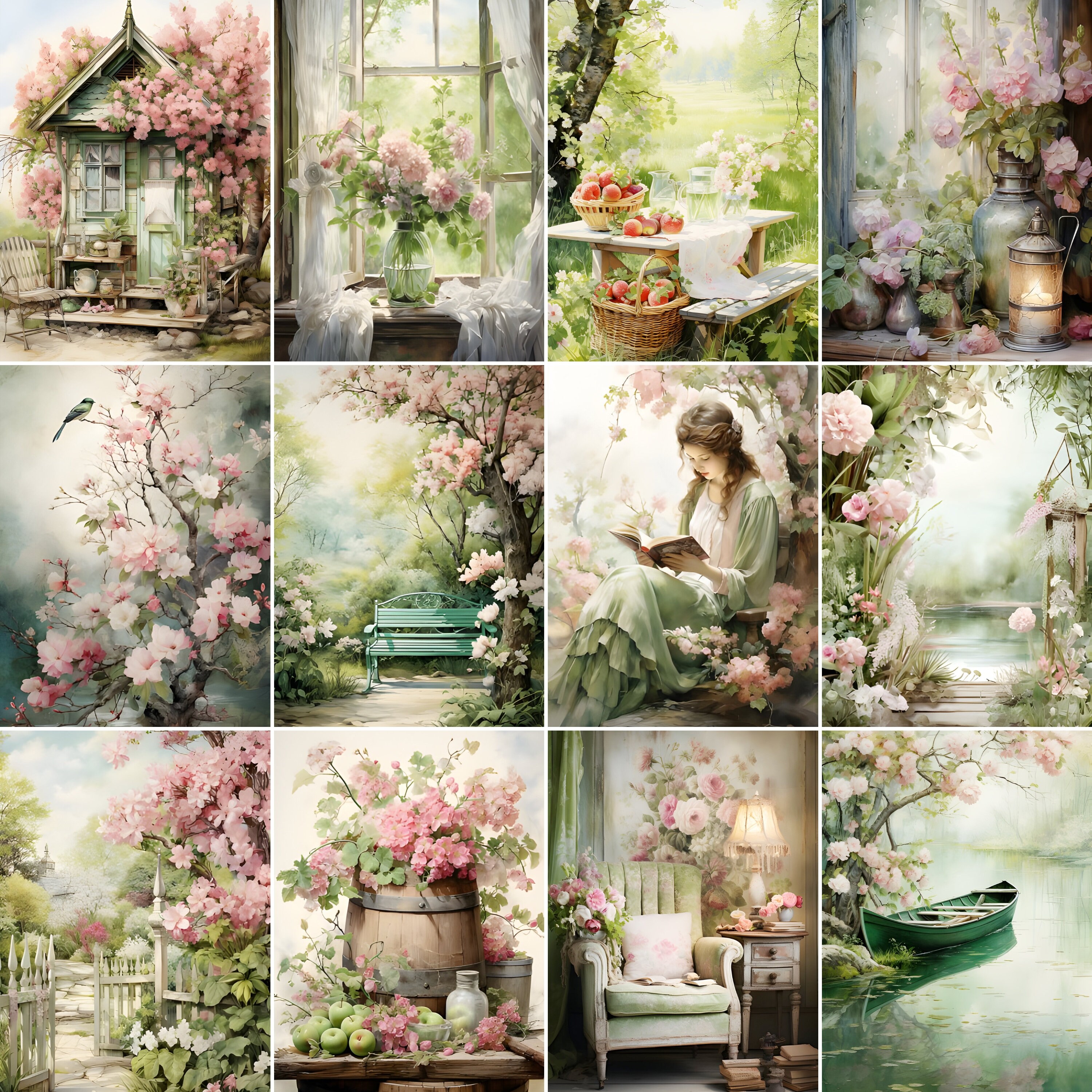 Cozy Green and Pink Cottage Junk Journal Pages - Vintage Scenery ...