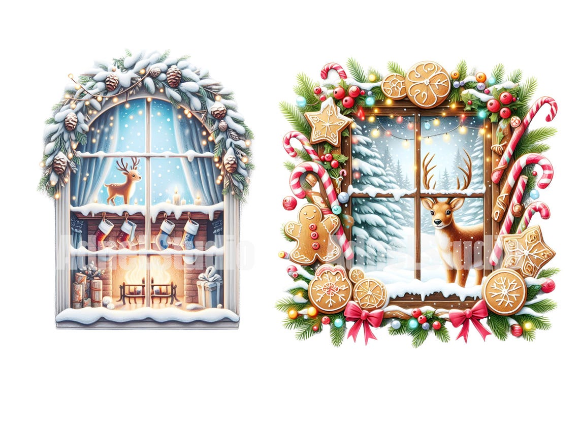 Festive Christmas Window Clipart, Holiday Window Scene, Cozy Winter ...