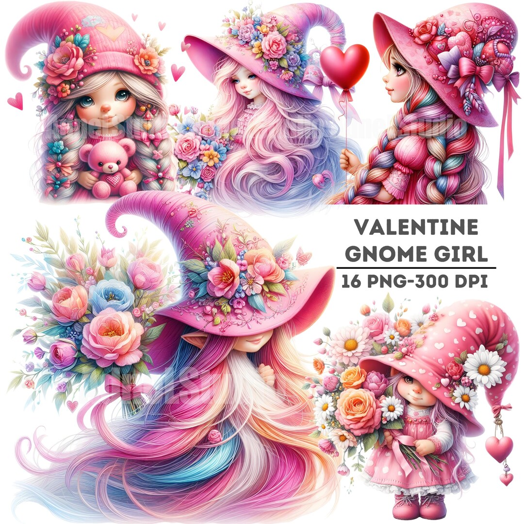 Watercolor Valentine Gnome Clipart, Cute Gnome Girl PNG, Floral Hat ...