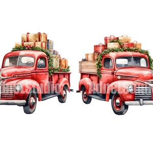 Christmas Truck Clipart - Watercolor Christmas Clipart, Vintage Red ...