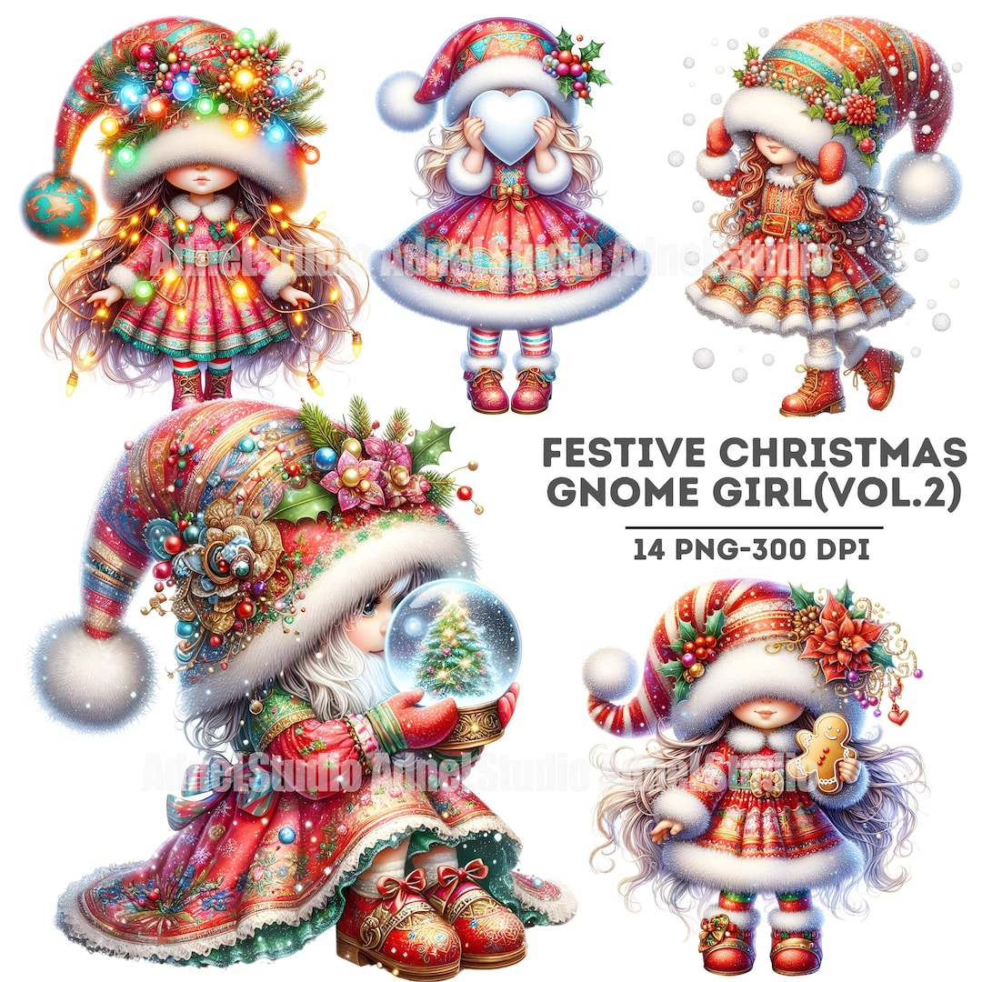 Festive Christmas Gnome Girl Clipart, Festive Holiday Gnomes for ...