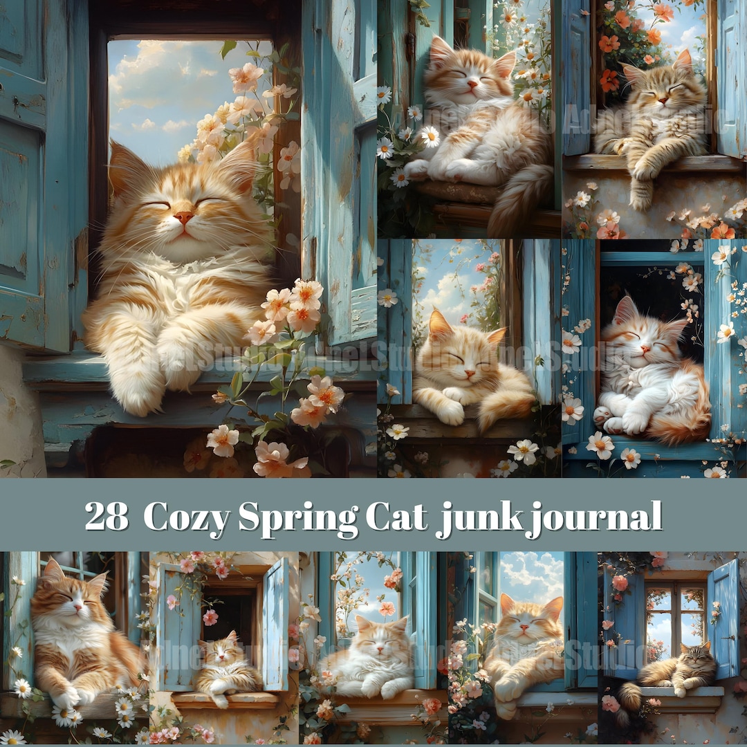 Watercolor Cozy Spring Cat, Junk Journal Kit, Vintage Floral Ephemera ...