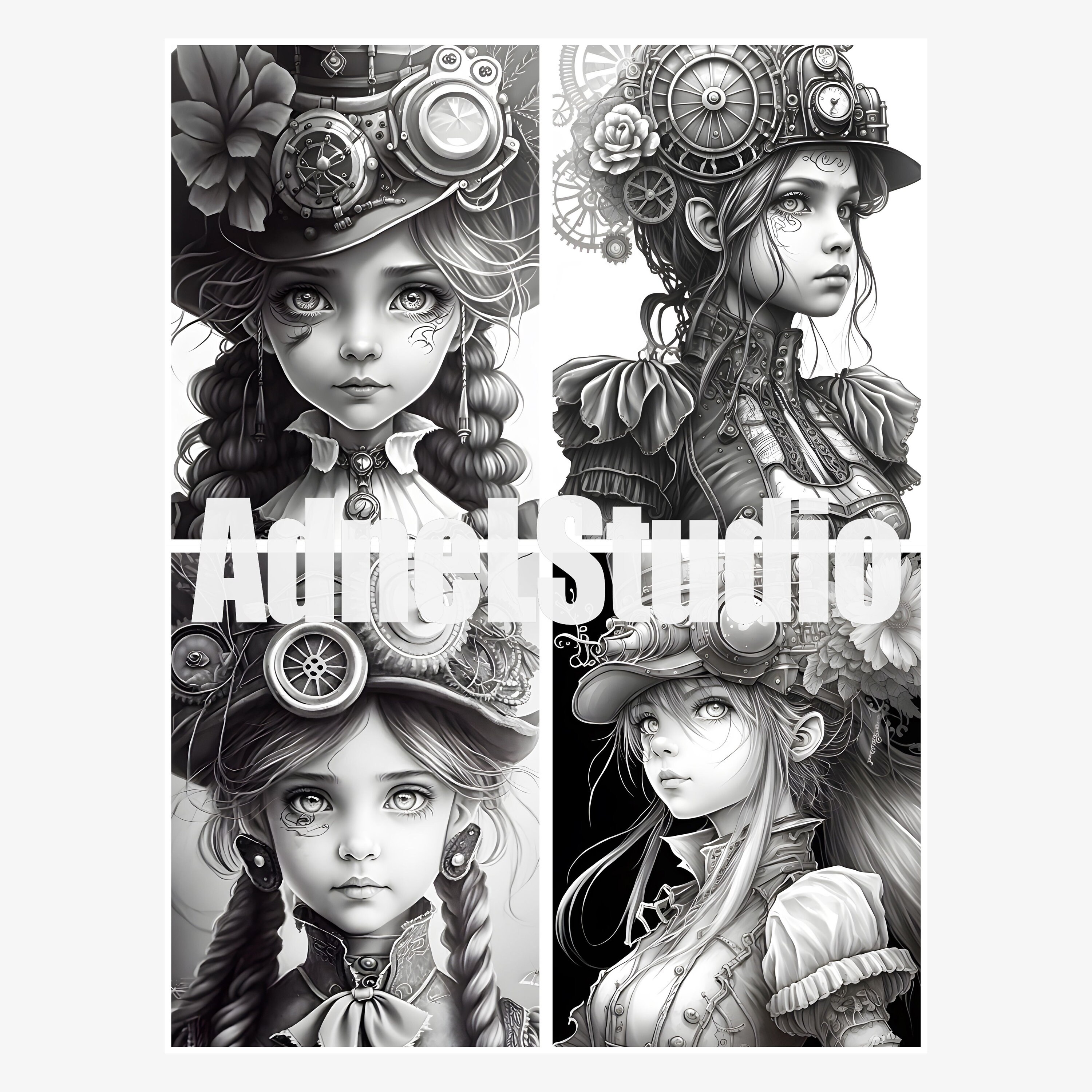 Cute Steampunk Girls Coloring Book 20 Pages Grayscale - Etsy