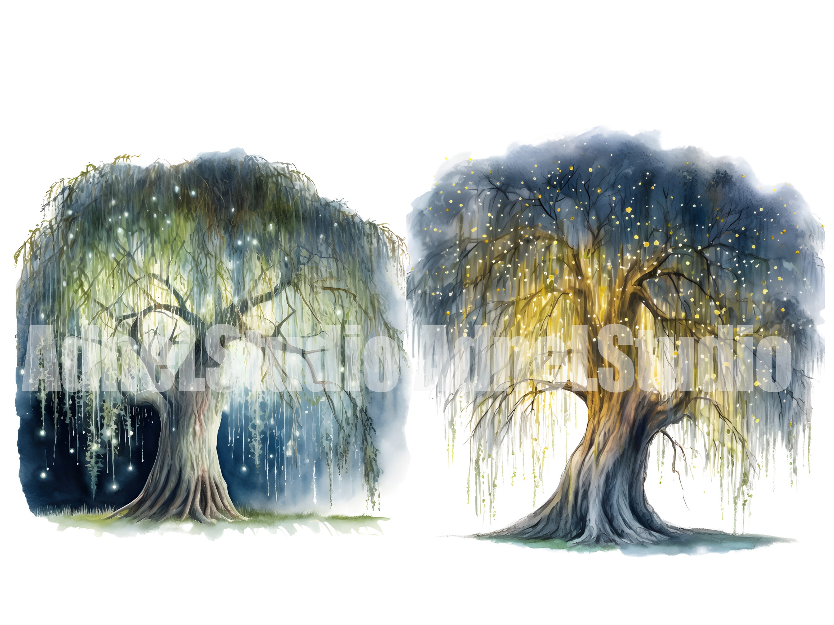 Watercolor Fairy Light Willow Tree Clipart - Willow Tree Landscape ...