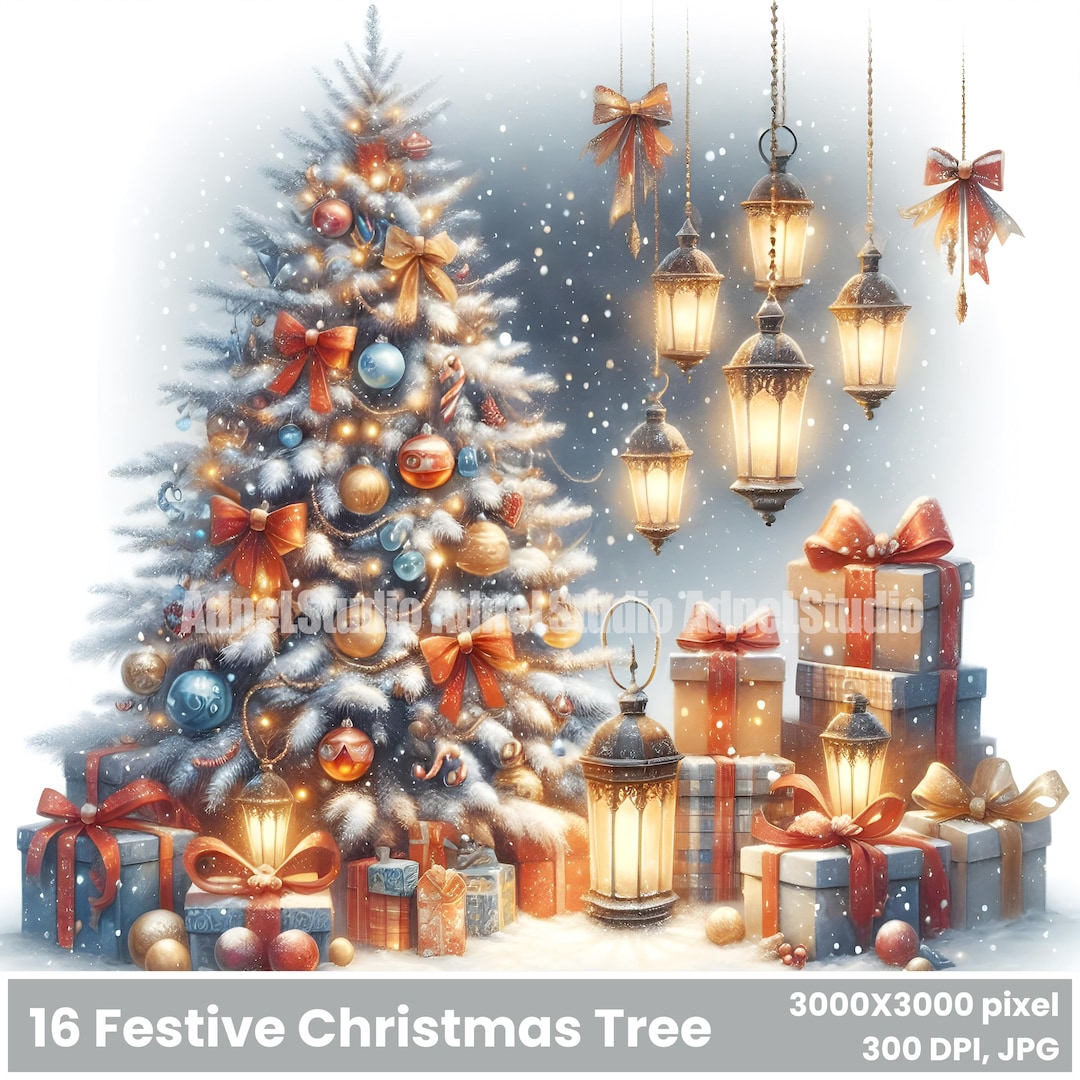 Festive Christmas Tree Clipart, Winter Holiday Tree JPG, Snowy ...