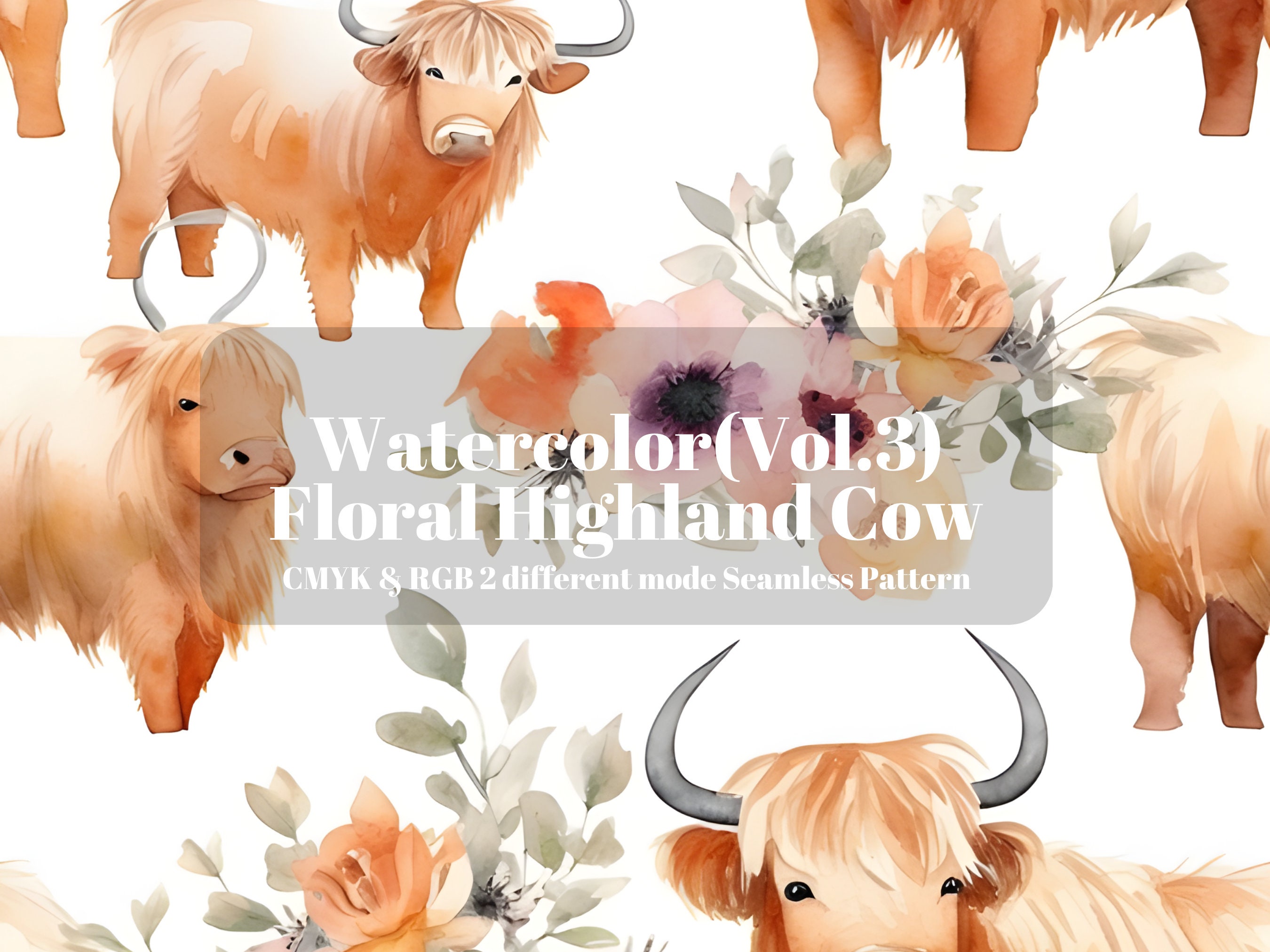 Watercolor Floral Highland Cow Seamless Pattern Highland Cow - Etsy