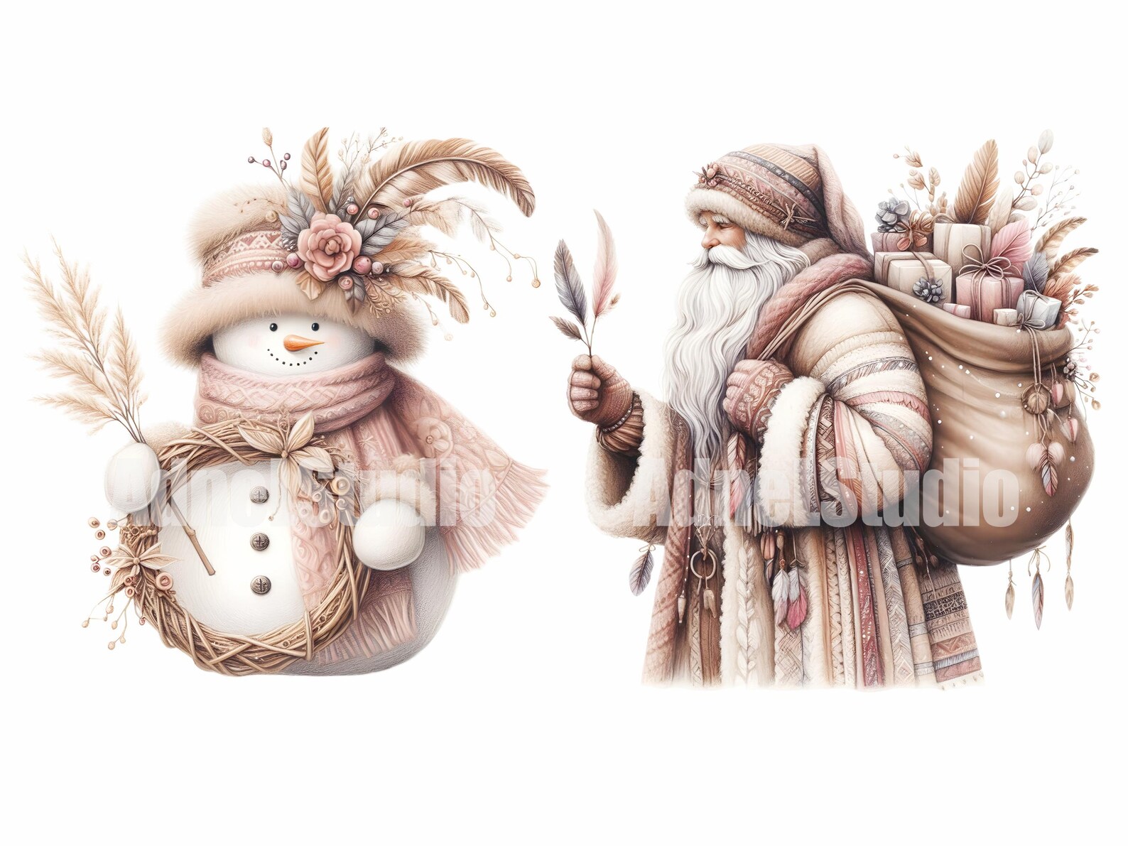 Bohemian Pink Christmas PNG Bundle, Pink Boho Christmas Clipart, Pink ...