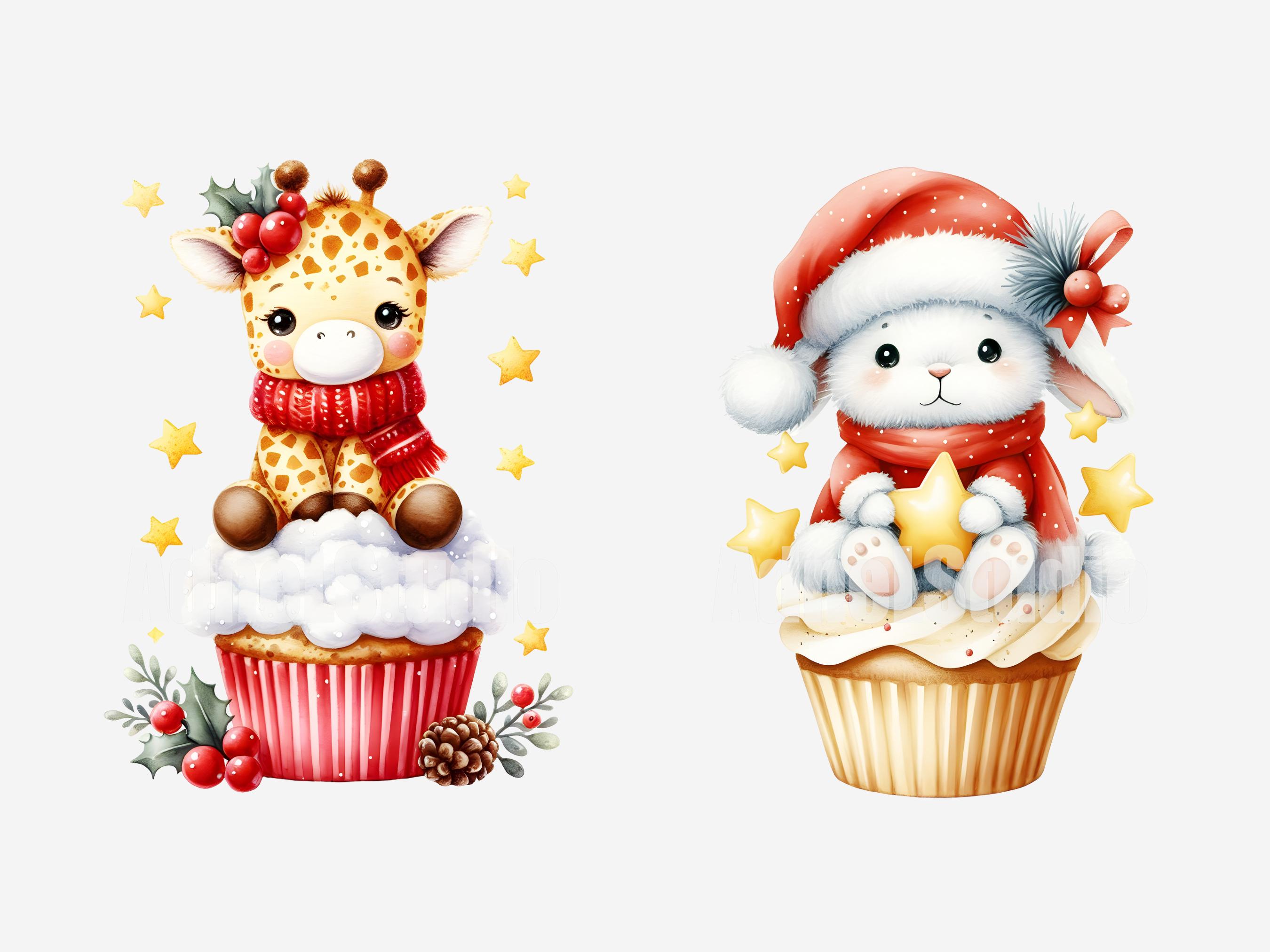 Adorable Animals on Cupcakes PNG Clipart Set, Cute Christmas Clipart ...