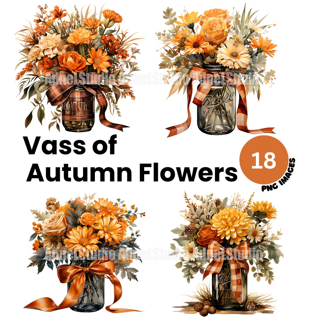Vass of Autumn Flowers Clipart - Cozy Fall Flowers Clipart, Watercolor ...