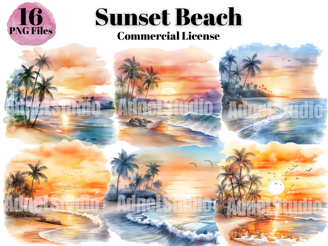 Watercolor Sunset Beach Clipart Summer Sunset Beach Bundle - Etsy