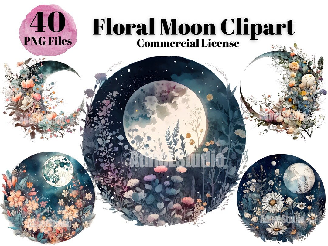 Watercolor Floral Moon Clipart Watercolor Mystical Floral - Etsy