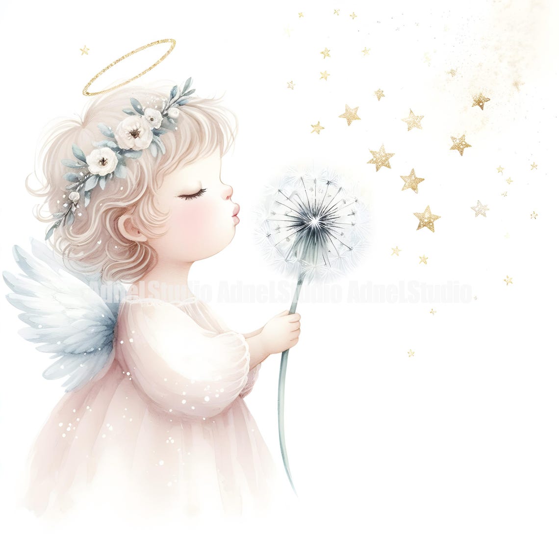 Little Angel Blowing Dandelion Digital Art, Cute Angelic Illustration ...