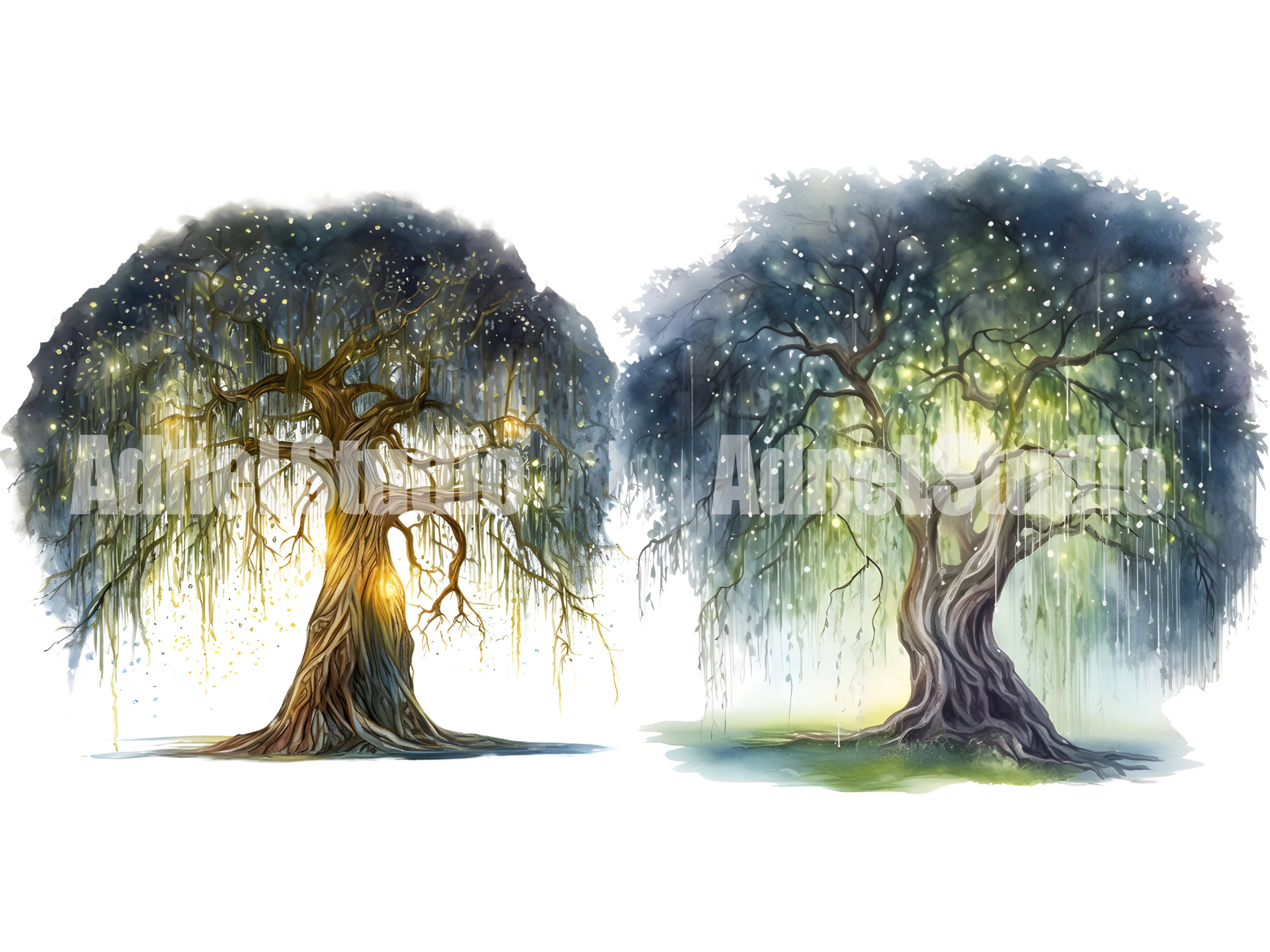 Watercolor Fairy Light Willow Tree Clipart - Willow Tree Landscape ...