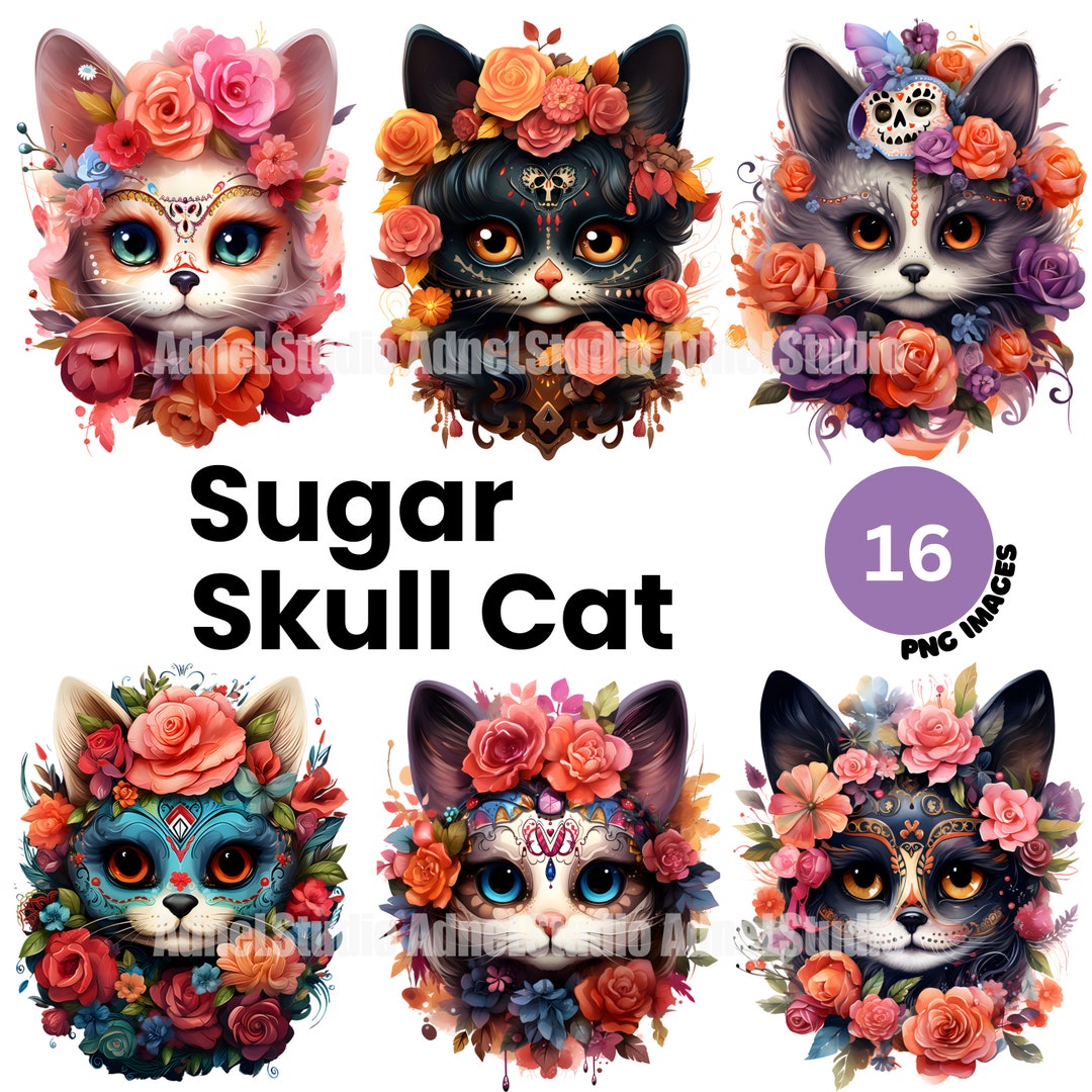 Sugar Skull Cat Clipart - Floral Sugar Skull Cat Digital, Dia De Los ...