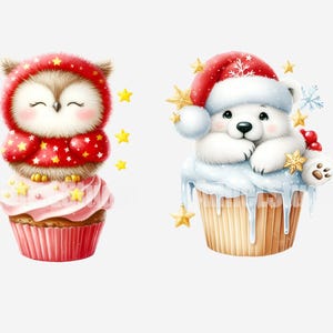 Adorable Animals on Cupcakes PNG Clipart Set, Cute Christmas Clipart ...