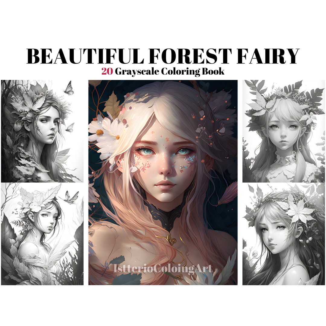 Forest Fairy Girl Coloring Book Grayscale Coloring Illustration ...
