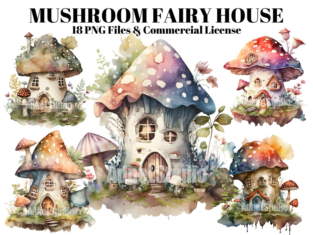 Watercolor Mushroom Fairy House Clipart Magic Mystical - Etsy