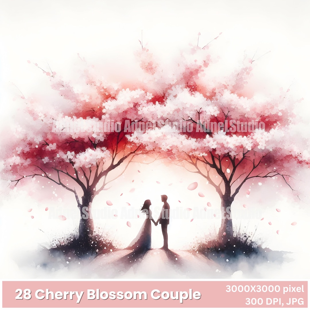 Watercolor Cherry Blossom Tree Art, Romantic Couple Illustration ...