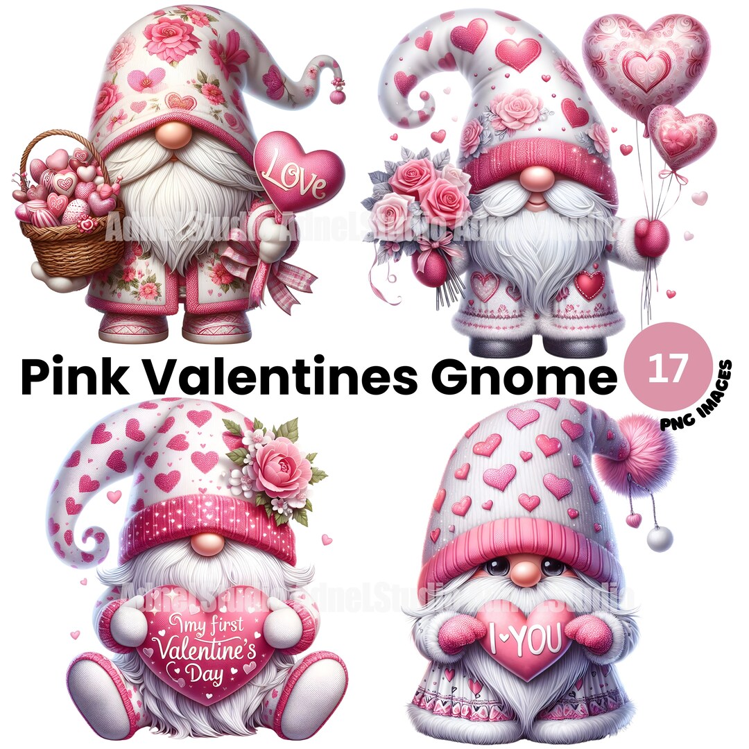 Pink Valentines Gnome Clipart, Watercolor Valentines Day Clipart ...
