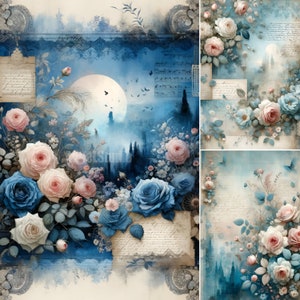 Vintage Blue Rose Junk Journal, Shabby Paper Roses, Vintage Victorian ...