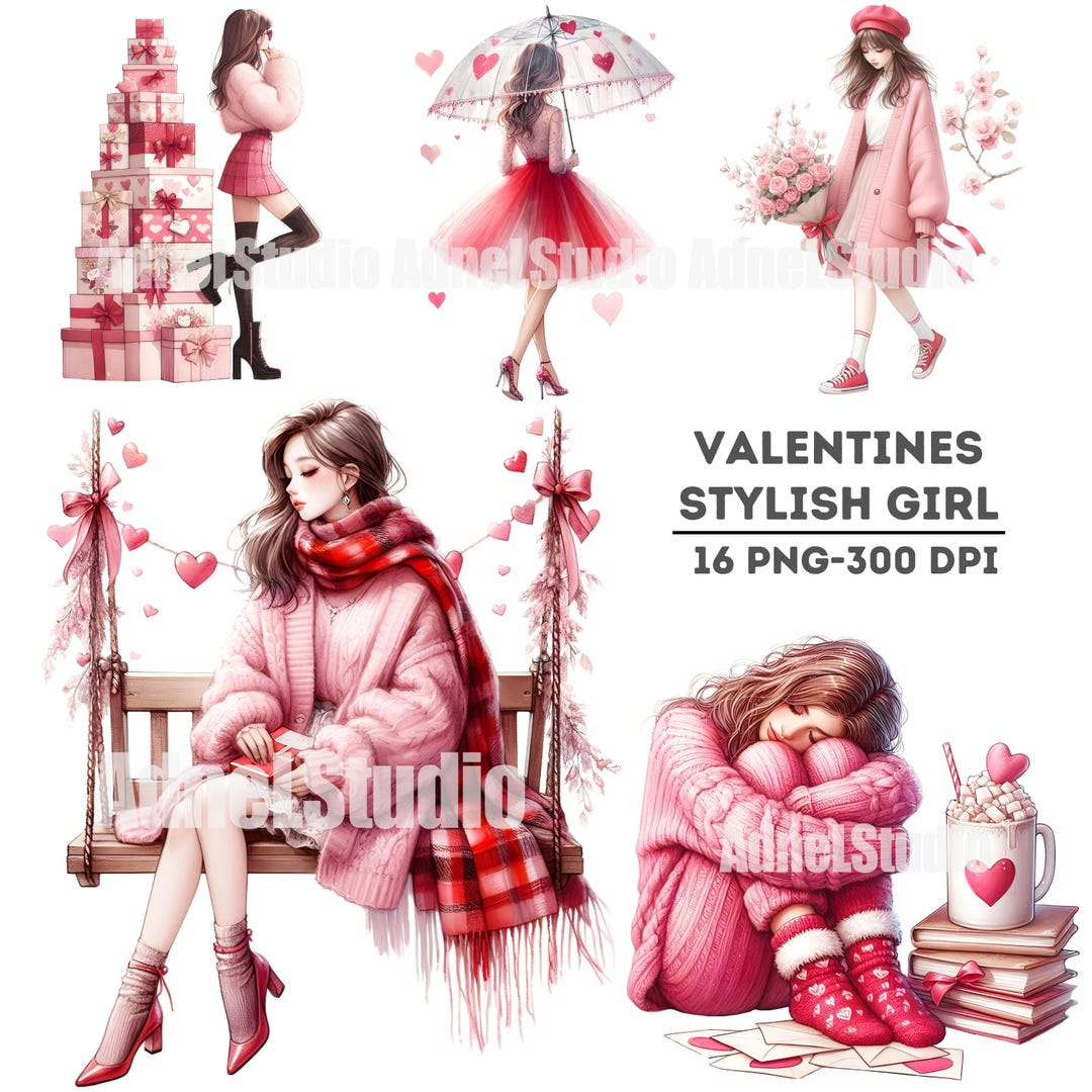 Valentine’s Day Stylish Girl Clipart, Romantic Valentine’s Day Digital ...