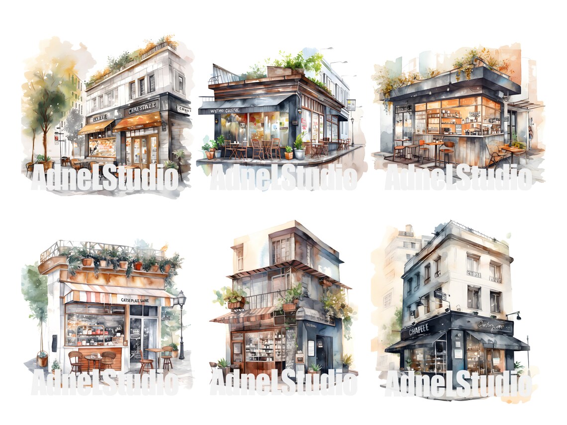 Watercolor Modern Coffee Shop in City Clipart -14 High Quality Cafe PNG ...