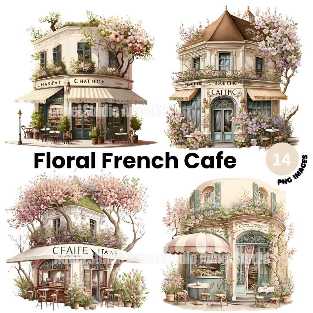 Watercolor Floral French Cafe Clipart - Cozy Cafe Png Bundle, Floral ...