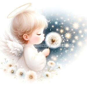 Little Angel Blowing Dandelion Digital Art, Cute Angelic Illustration ...