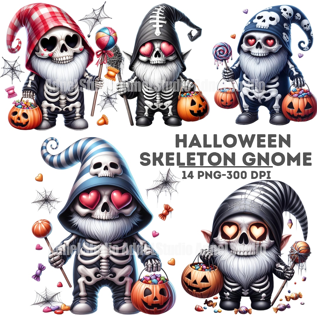 Halloween Skeleton Gnome Clipart Bundle, Gnome With Skull Costume ...