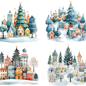 Christmas Village Watercolor Clipart, Cozy Winter Town Illustrations ...