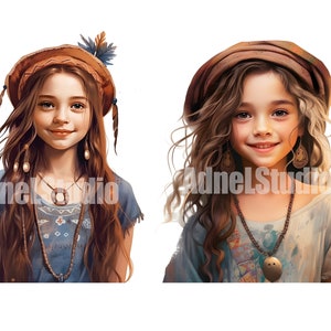 Little Bohemian Girl Clipart, Watercolor Boho Girl Clipart, Bohemian ...