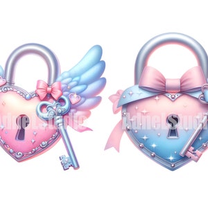 Watercolor Valentines Day Clipart, Heart Lock and Key Clipart, Romantic ...