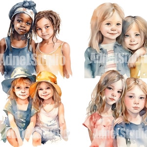 Watercolor Best Friends PNG - 12 Watercolor Kids Girl BFF, Best Friend ...