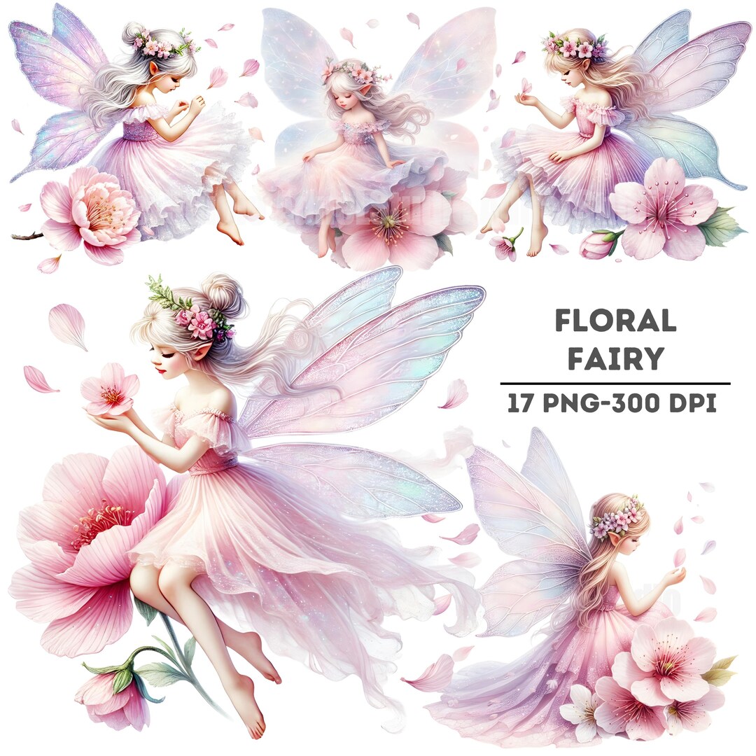 Watercolor Floral Fairy Clipart, Fantasy Fairy PNG Set, Pink Flower ...