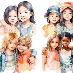 Watercolor Best Friends PNG - 12 Watercolor Kids Girl BFF, Best Friend ...