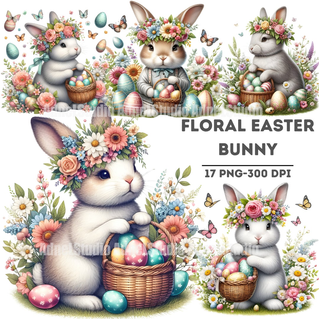 Floral Easter Bunny Clipart - Easter Clipart, Easter Bunny Sublimation ...