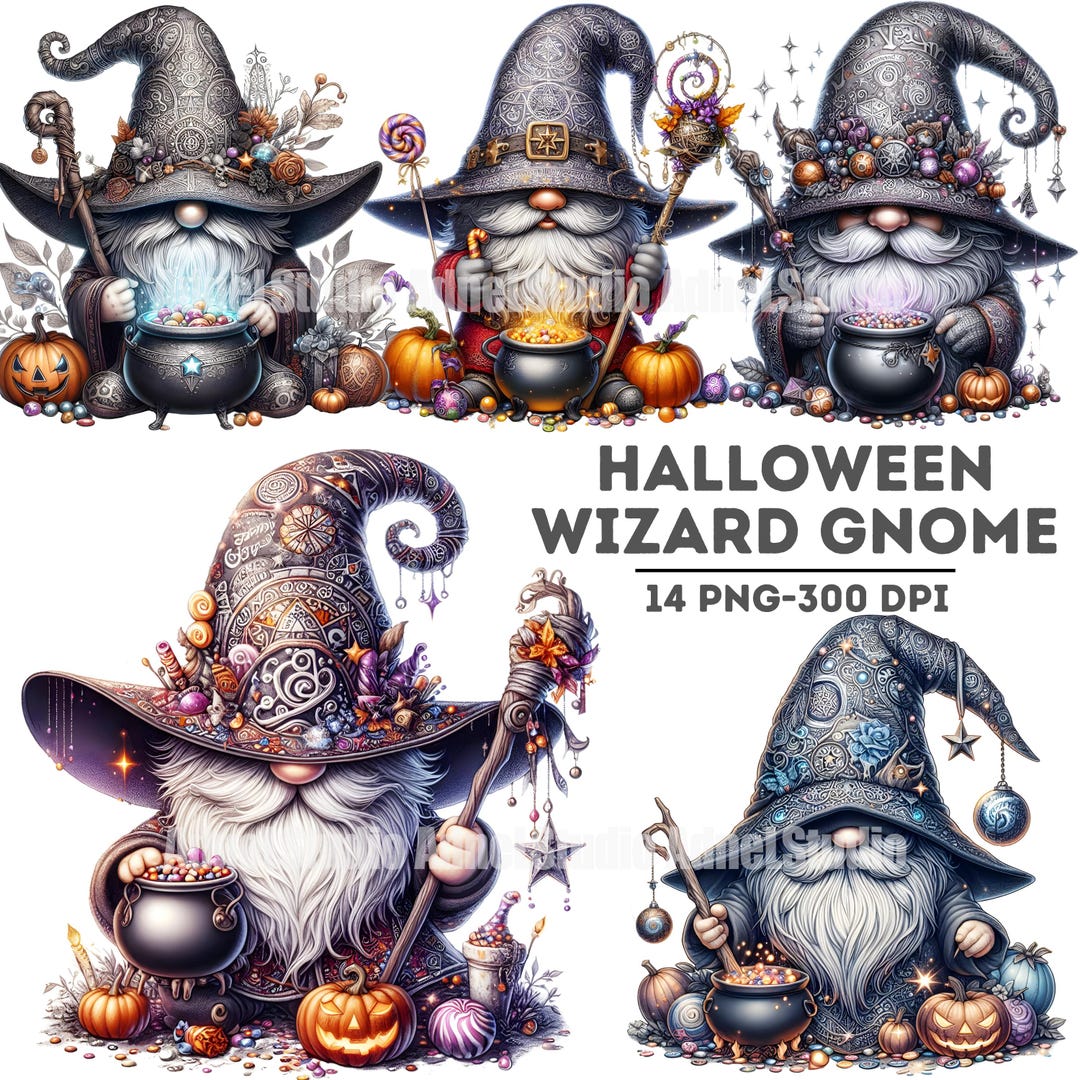 Halloween Wizard Gnome Clipart Bundle, Magical Gnome With Cauldron ...