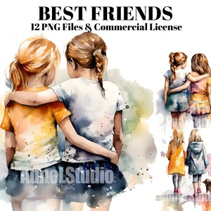 Watercolor Best Friends Clipart - 12 Watercolor Kids Girl BFF Clipart ...
