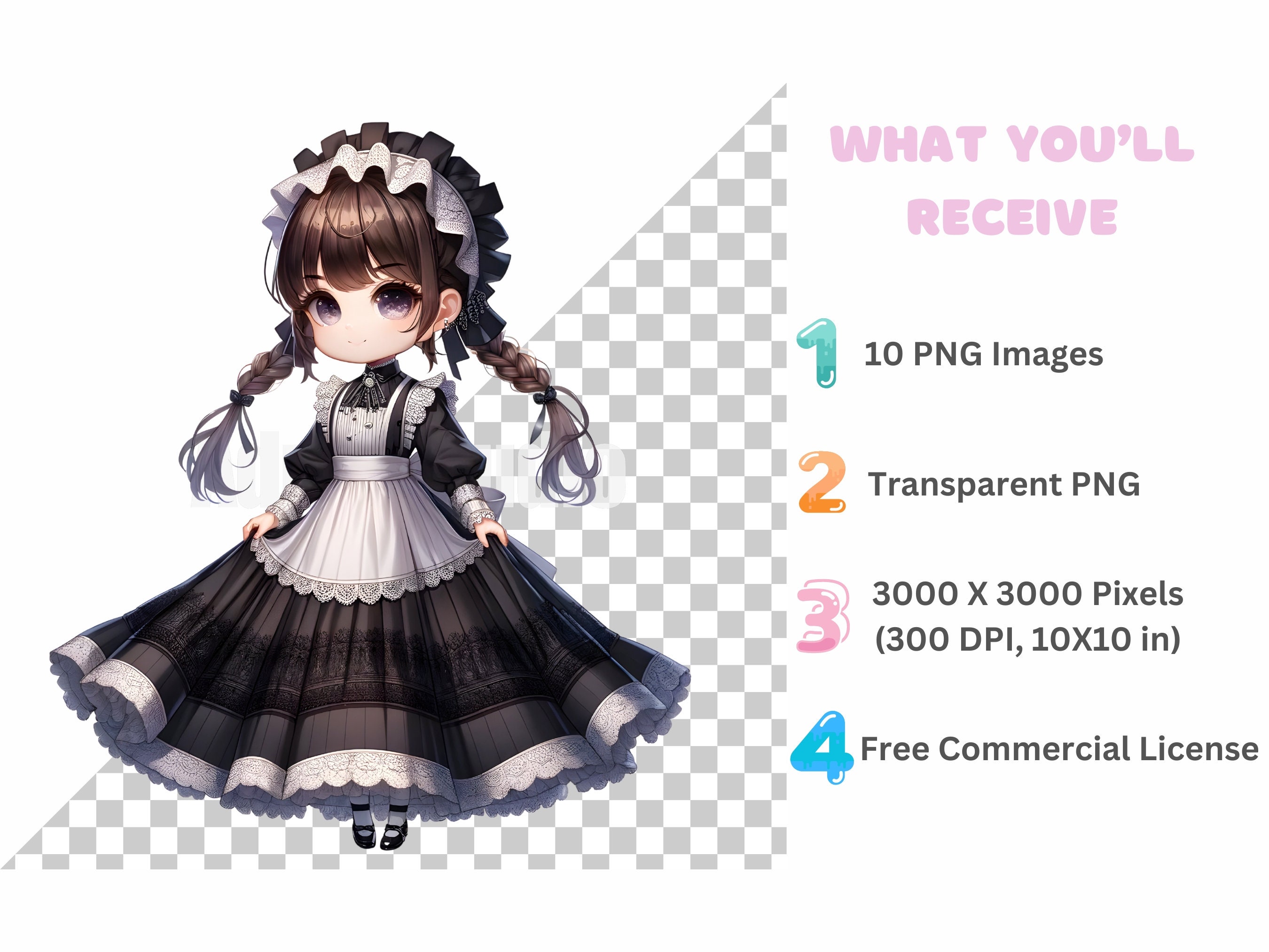 Watercolor Victorian Maid Girl Clipart, Chibi Girl Clipart, Little Girl ...