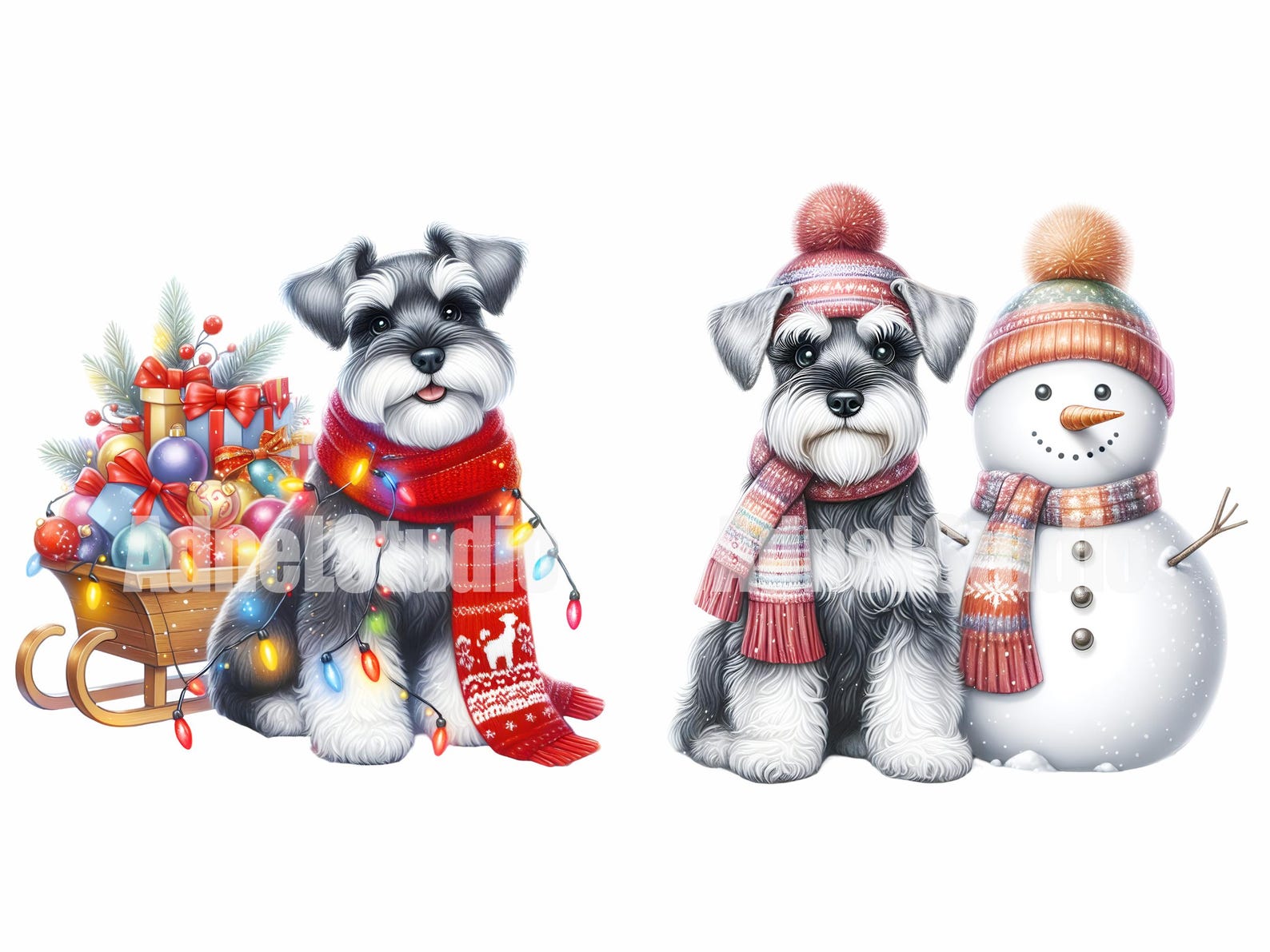 Christmas Miniature Schnauzer Clipart Set, Festive Dog Illustrations ...