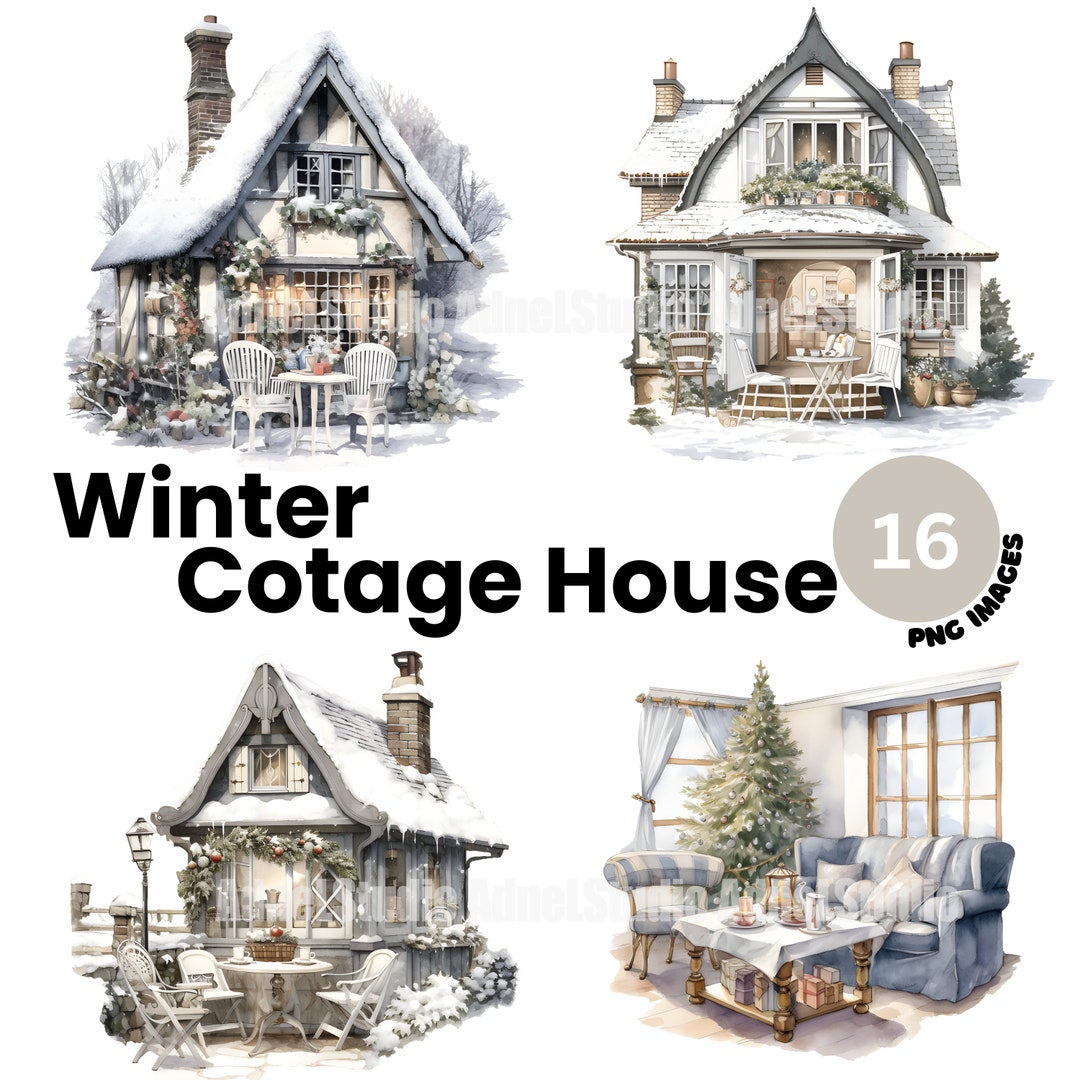 Watercolor Cottage Clipart - Vintage Cottage Core Clipart, Winter ...
