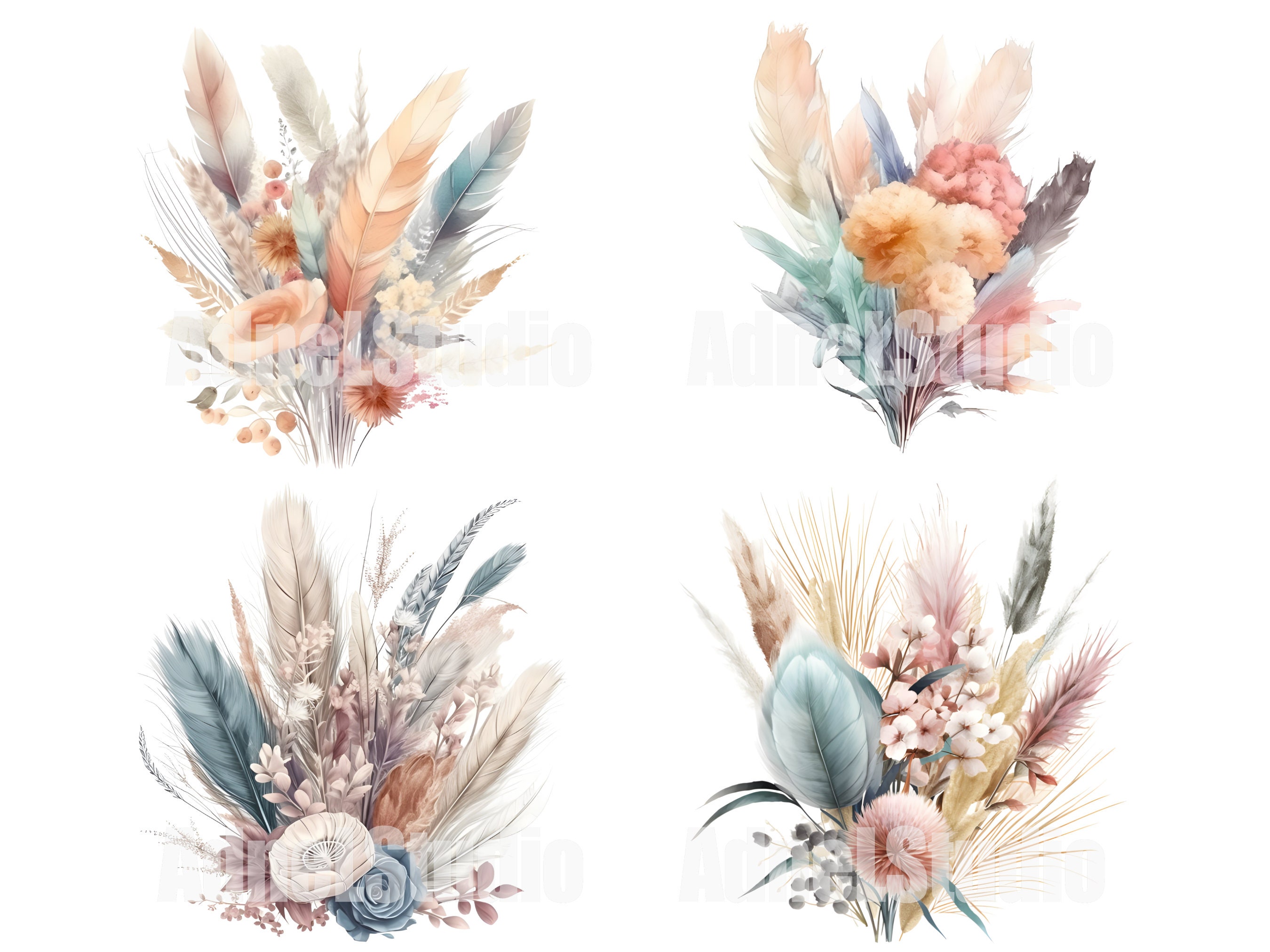 Pastel Boho Flowers Clipart Watercolor Boho Floral Bouquet - Etsy