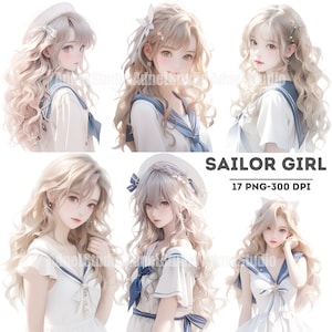 Watercolor Summer Sailor Girl Clipart, Nautical Women Clipart, Anime ...