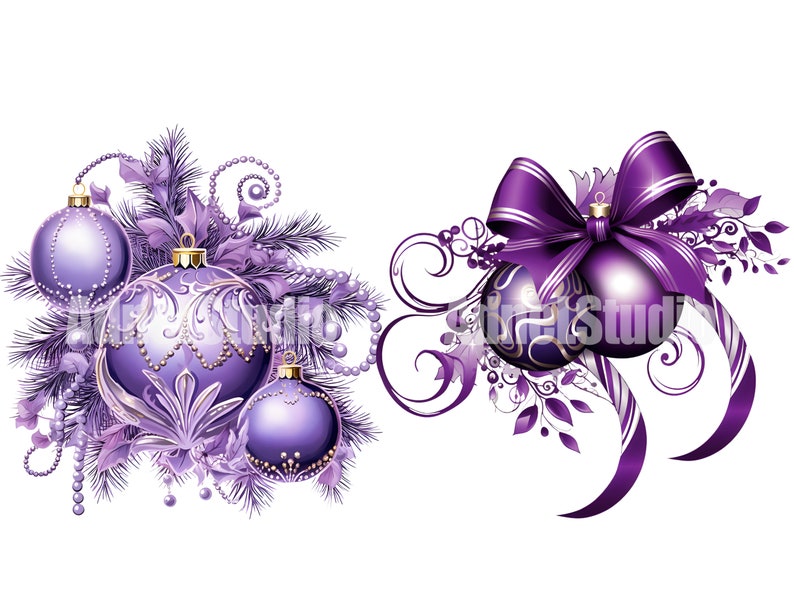 Purple Christmas Ornaments Clipart, Watercolor Ornament Clipart ...